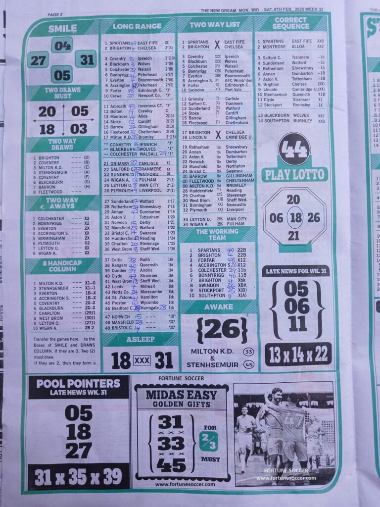 Week 32 Late News Pool Paper, Bigwin, Pools Telegraph Week 32 Late News Pool Paper, Bigwin, Pools Telegraph