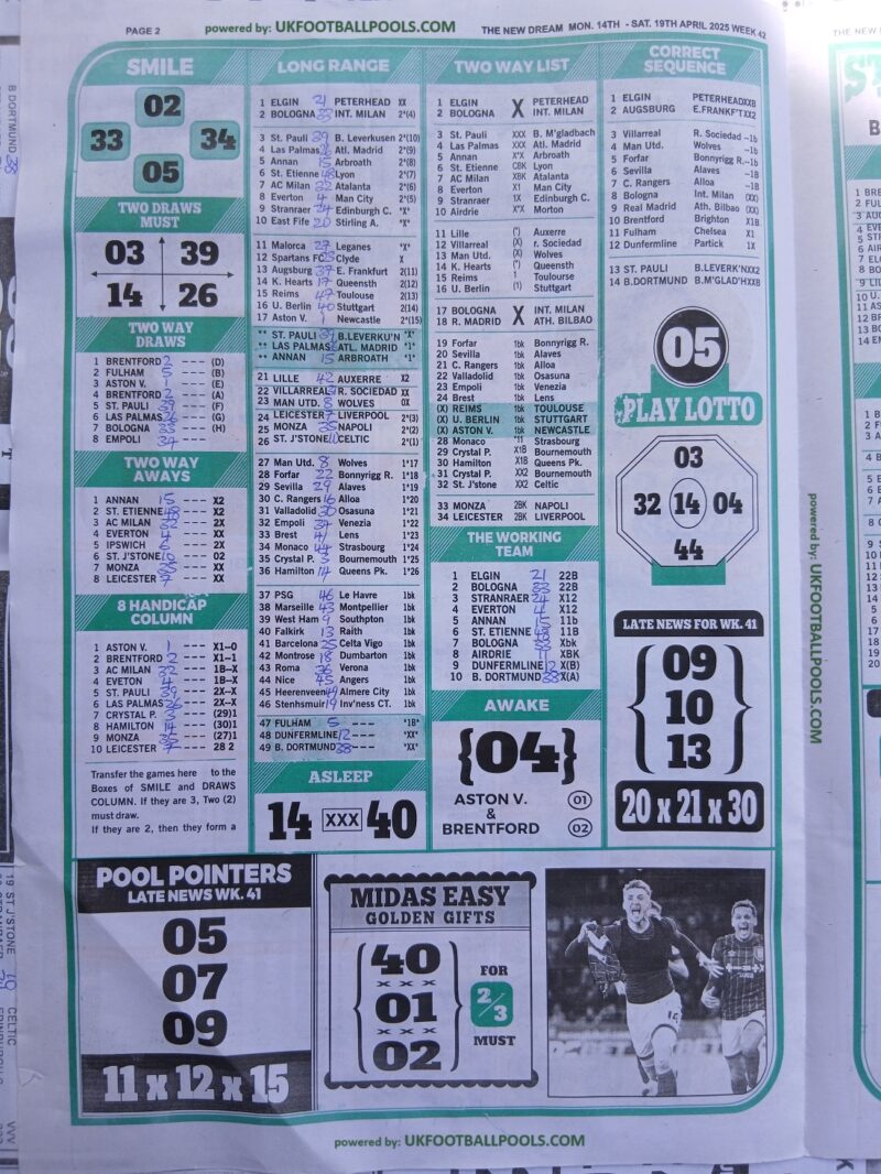 Week 42 Dream, Final Result, Weekly Telegraph Pool Papers Week 42 Dream, Final Result, Weekly Telegraph Pool Papers